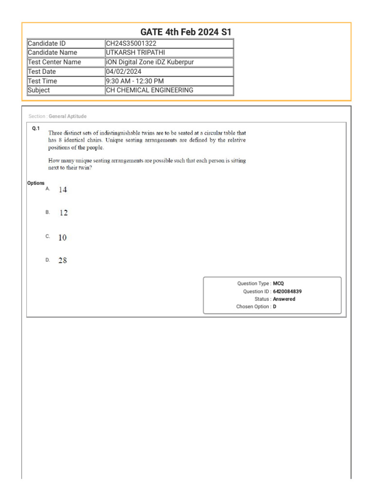 GATE 2024 CH Responce Sheet | PDF | Multiple Choice | Standardized Tests