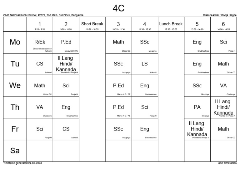 Mo Tu We TH FR Sa: P.Ed R/Ek SSC Math Sci Eng Ii Lang Hindi/ Kannada ...