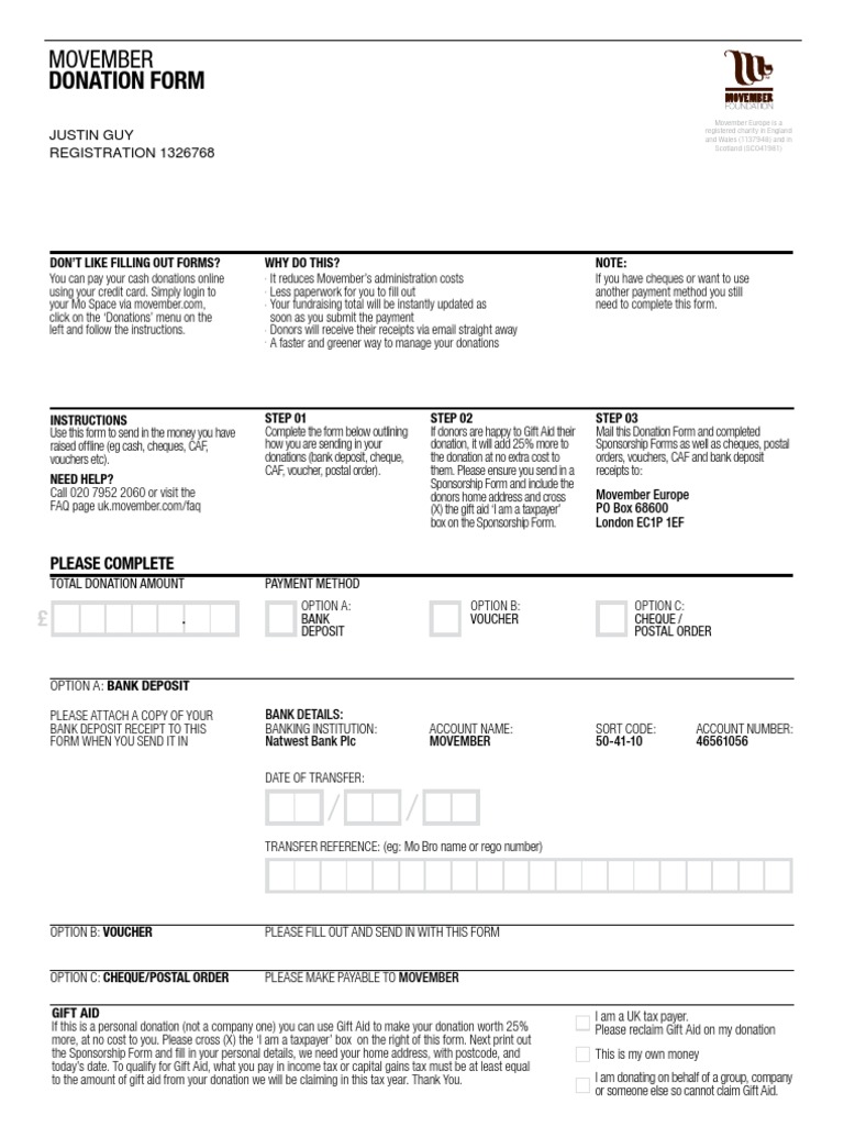 Movember Donation Form Guide | PDF | Cheque | Mail