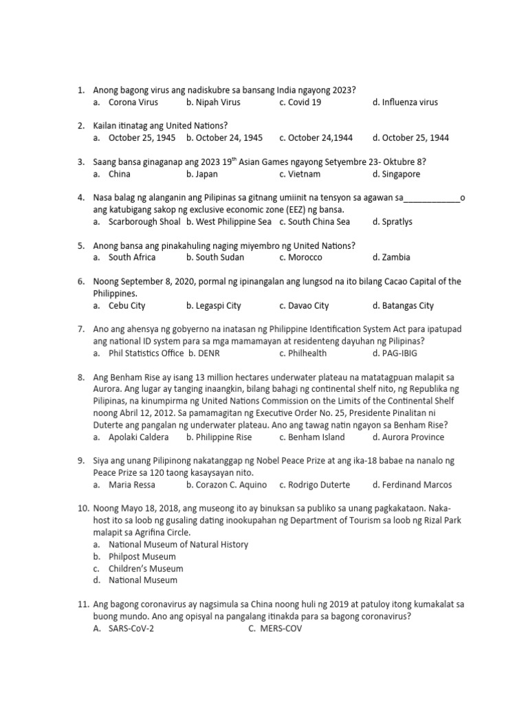 Current Events Quiz | PDF | Social Science