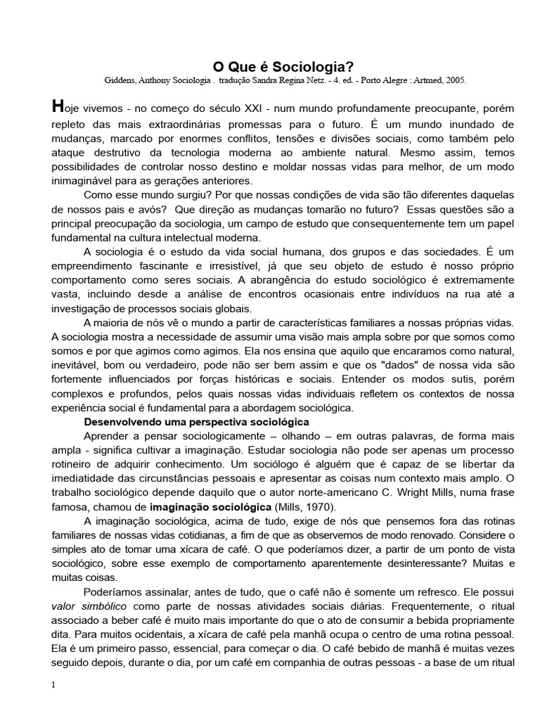 O Que Sociologia de Giddens | PDF | Sociologia | Café