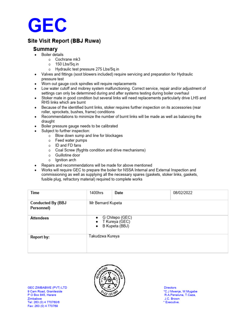 GEC Boiler Inspection Report Summary | PDF | Boiler | Tools