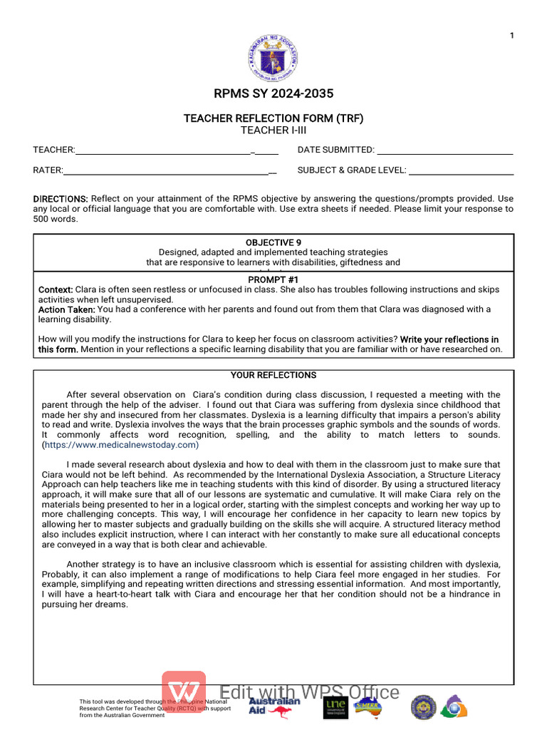 PDF Teacher-Reflection-Form-for-T-I-III-for-RPMS-SY-2024 | PDF ...