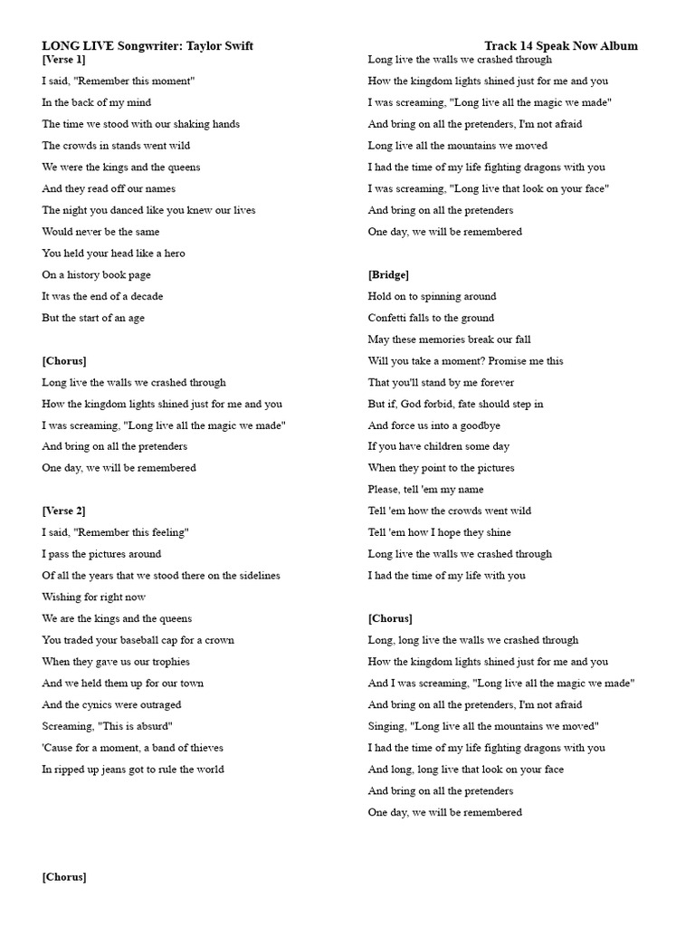 Long Live Lyrics by Taylor Swift | PDF