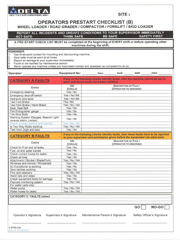 B F-EFM-054 (Rev.04) - Operators Prestart Checklist (B) Wheel Loader ...