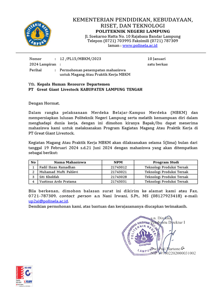 Permohonan Magang Mahasiswa Polinela | PDF