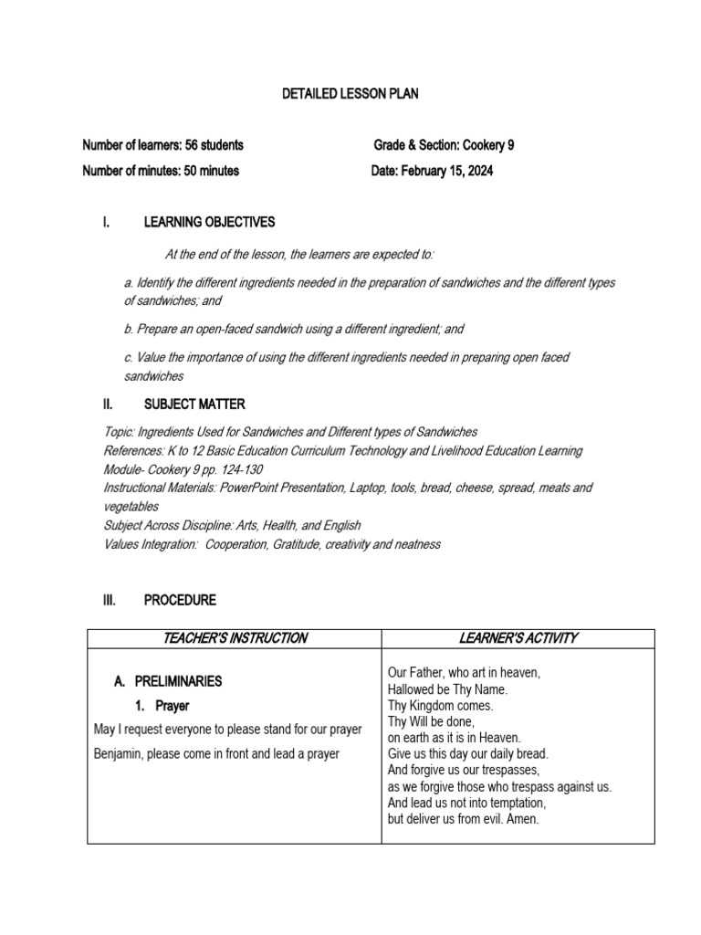 Sandwich Ingredients Lesson Plan | PDF | Sandwich | Breads