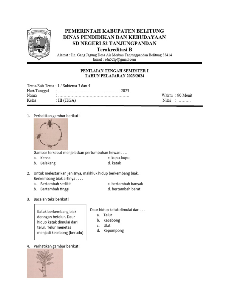 Soal Pts Smt 1 Tema 1 Sub 3 4 | PDF