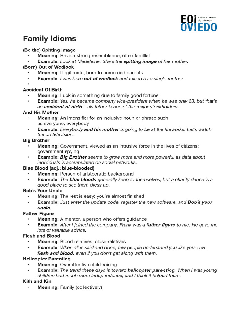 UNIT 1 Family Idioms | PDF | Mother | Social Institutions