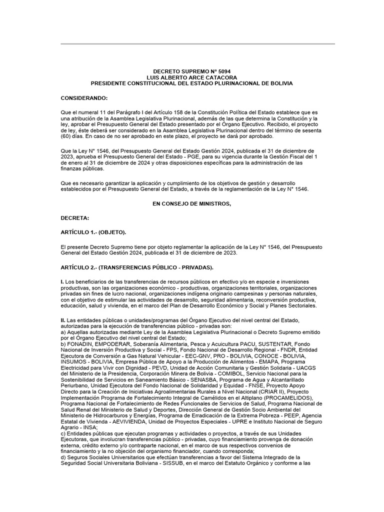 Ds 5094 Reglament. A Ley Pge 2024 | PDF | Ley de fideicomiso | Presupuesto