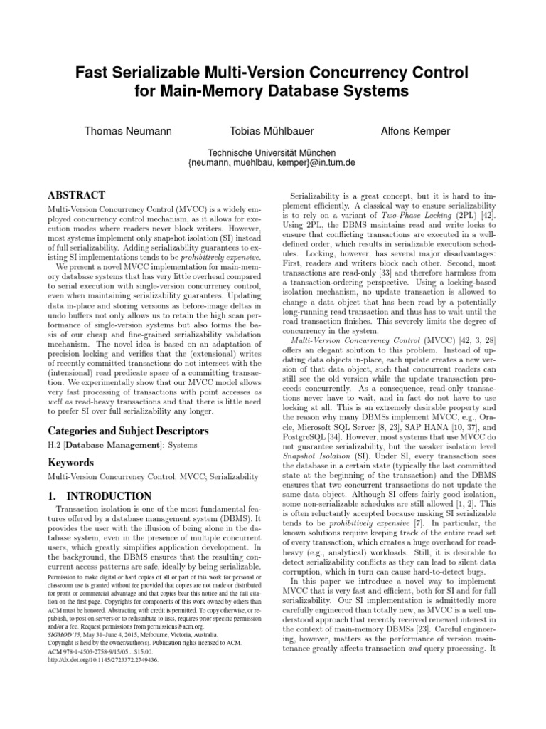 Fast Serializable Multi-Version Concurrency Control For Main-Memory Database Systems | PDF ...