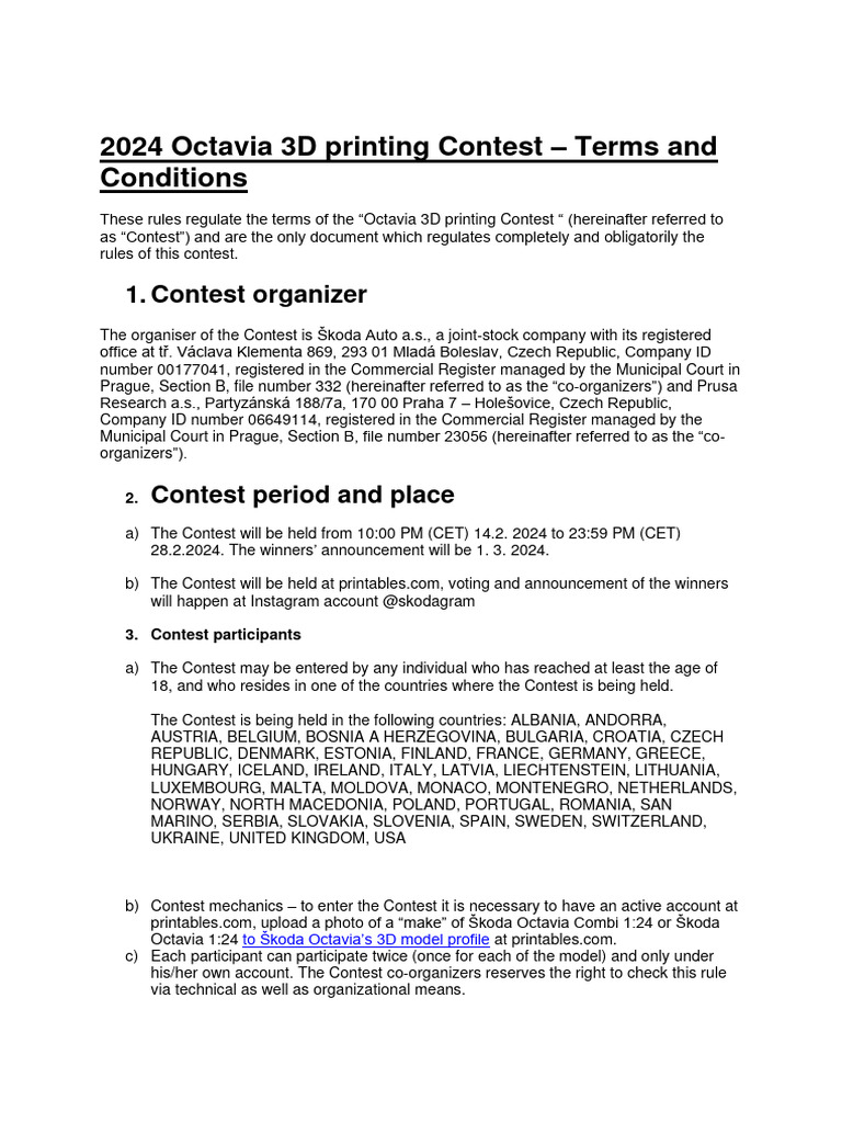 Škoda Octavia 3D Printing Contest Rules | PDF | Justice | Crime & Violence