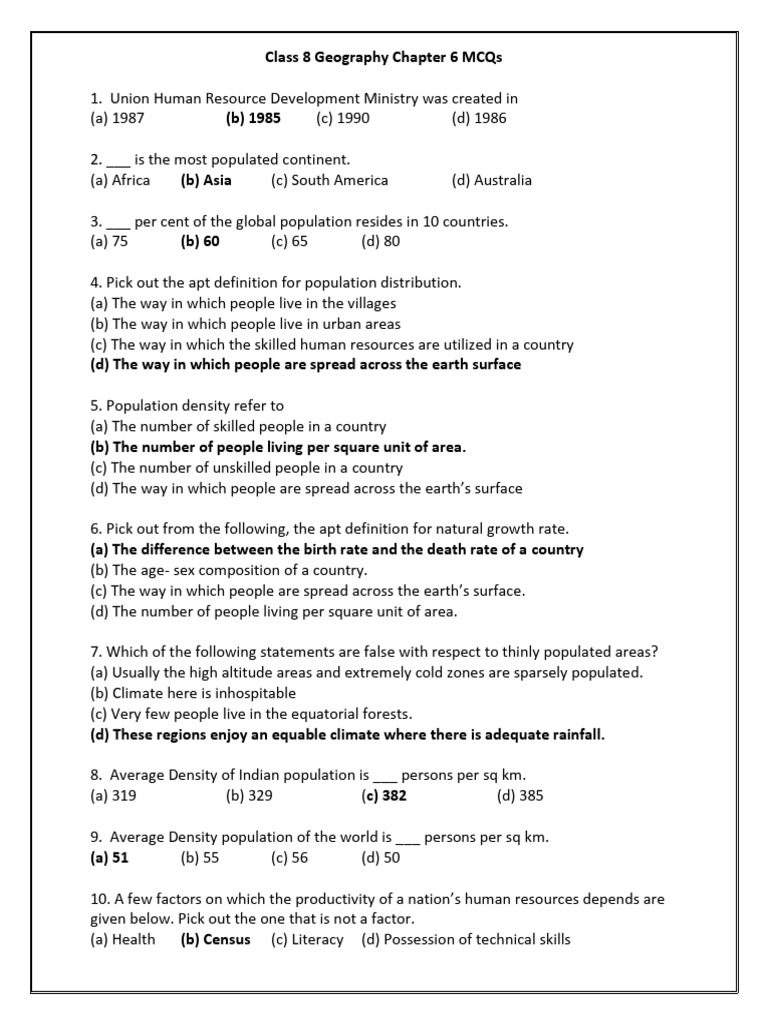 Class 8 Geography Chapter 6 MCQs-1 | PDF | Earth | Population Growth