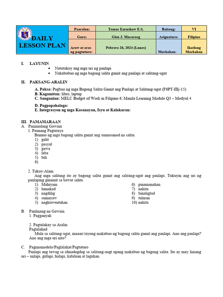 Daily Lesson Plan: Natutukoy Ang Mga Uri NG Panlapi Nakabubuo NG Mga ...