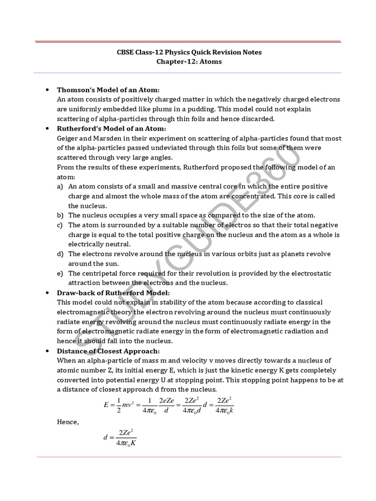 CLASS 12_physics_notes_ch12_atoms | PDF | Atomic Nucleus | Atoms