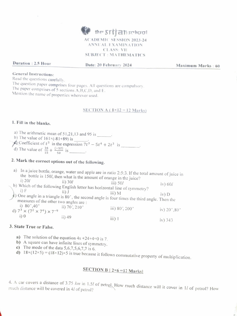 Grade 7 Math Exam Paper | PDF | Exponentiation | Area