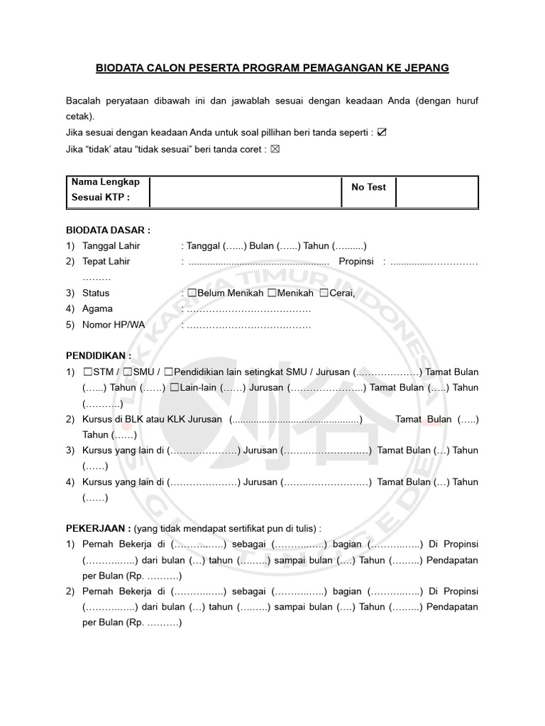 New Biodata Calon Peserta Program | PDF