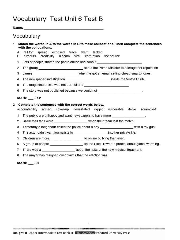 Vocabulary & Grammar Test Unit 6 Test B (1) | PDF