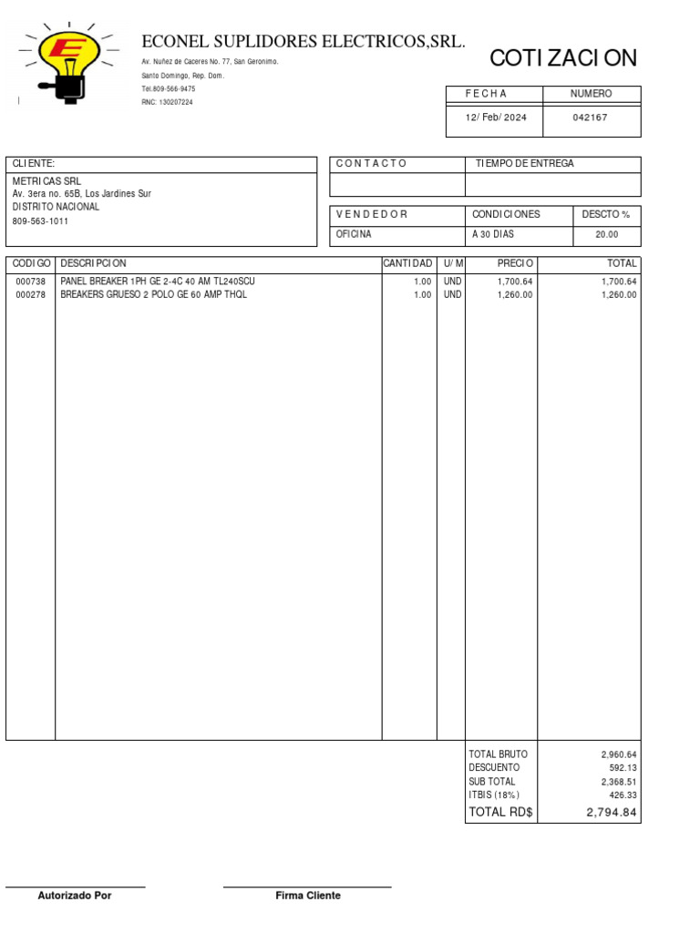 Cotizacion: Econel Suplidores Electricos, SRL | PDF
