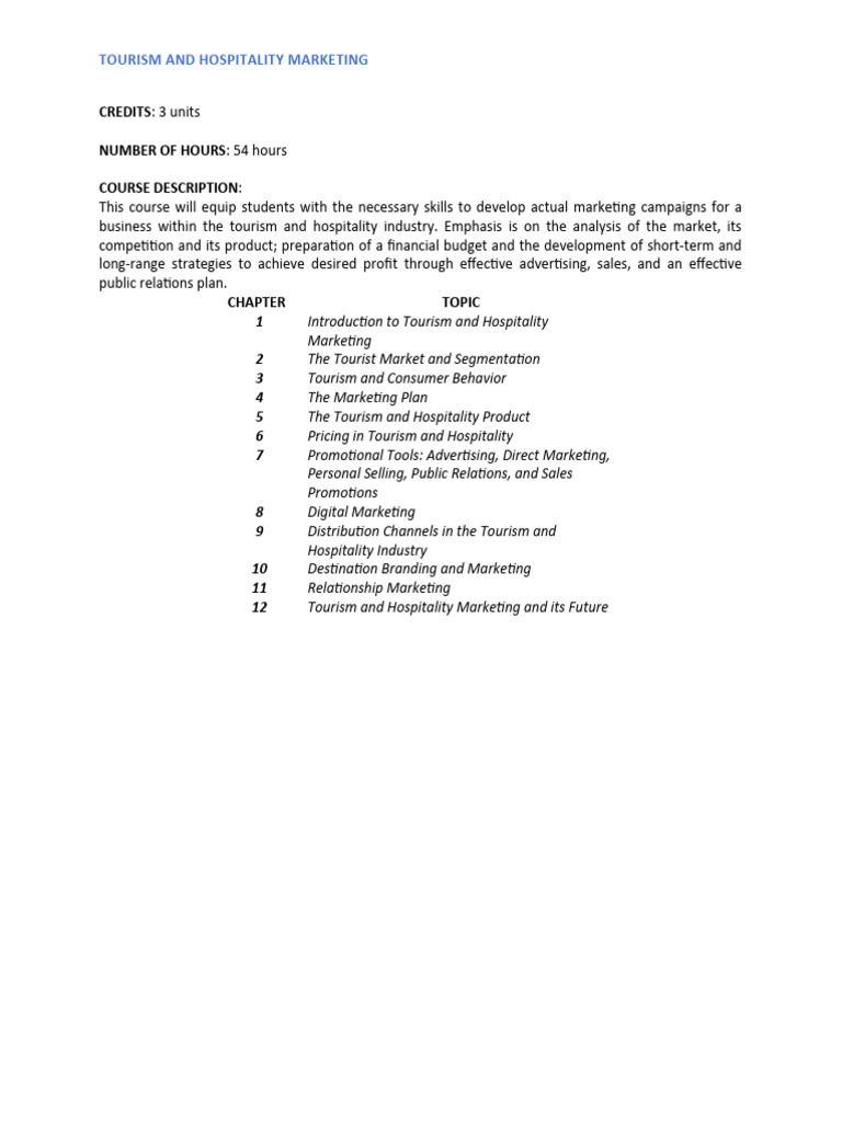 Chapter 1-Tourism and Hospitality Marketing | PDF | Marketing | Marketing Communications