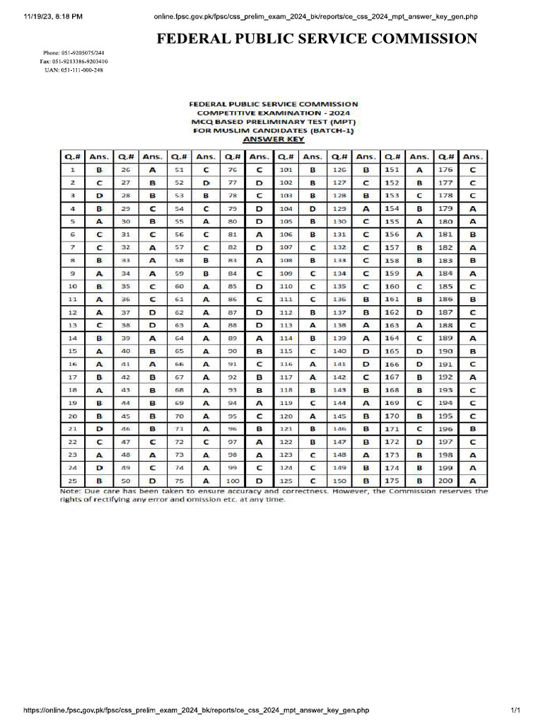 Answer Key For CSS MPT 2023-2024 | PDF
