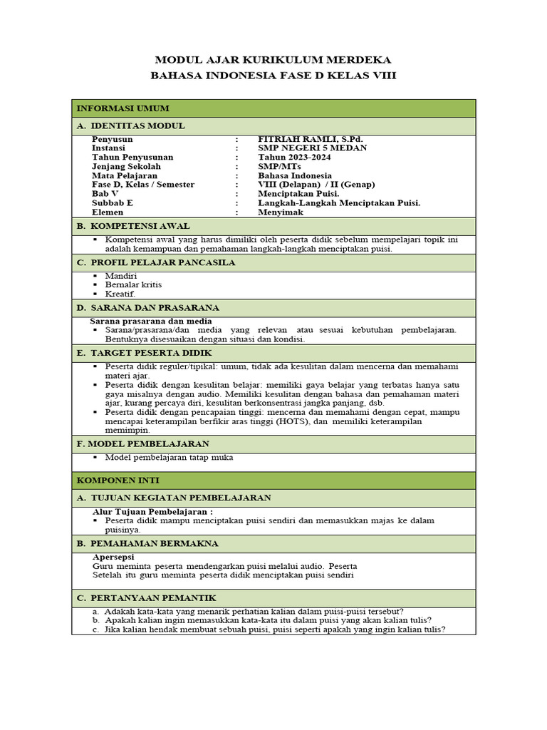 Modul Ajar Kurikulum Merdeka Bahasa Indonesia Fase D Kelas Viii | PDF