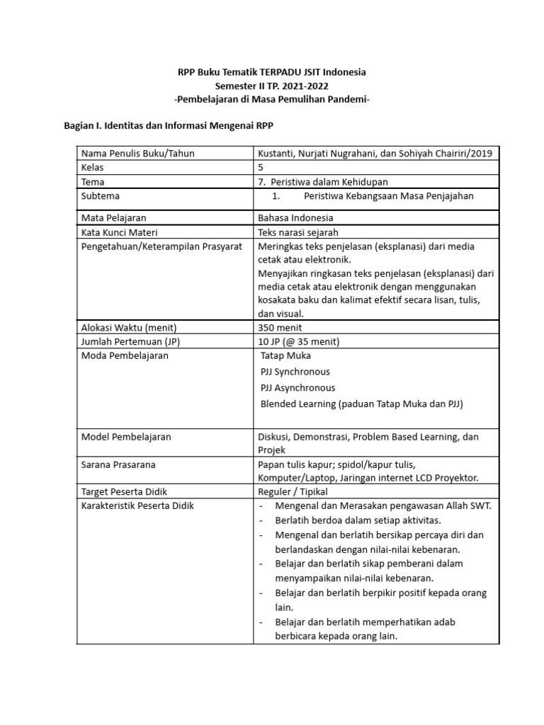 RPP B. INDO Kelas 5 Tema 7 Subtema 1 Tematik TERPADU JSIT | PDF | Karier & Perkembangan ...