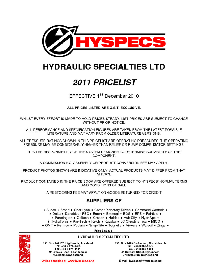 Hyspecs Pricelist 2011 | PDF | Pump | Valve