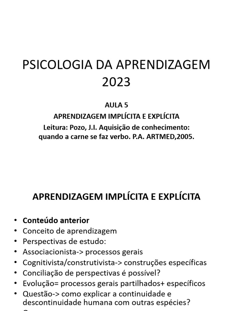 PSICOLOGIA DA APRENDIZAGEM 2023 Aula 5 | PDF | Aprendizado | Psicologia