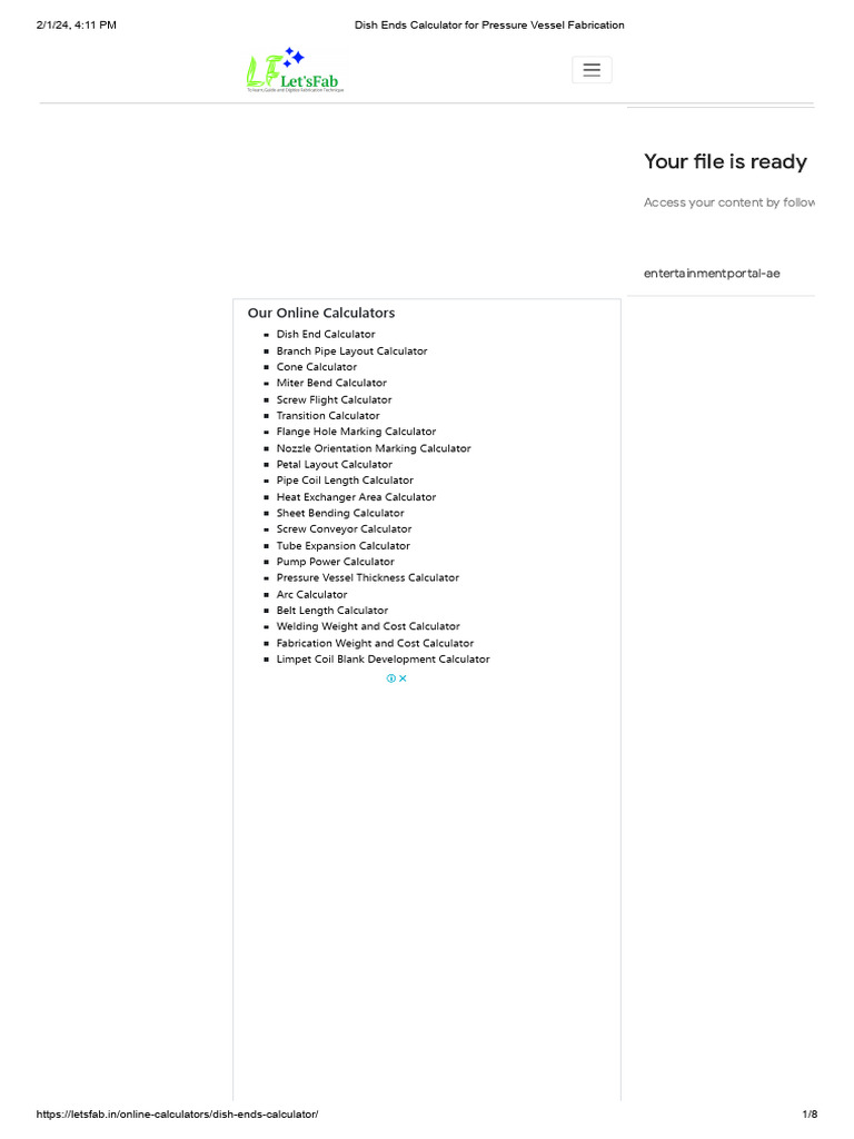 Dish Ends Calculator For Pressure Vessel Fabrication | PDF | Pipe ...