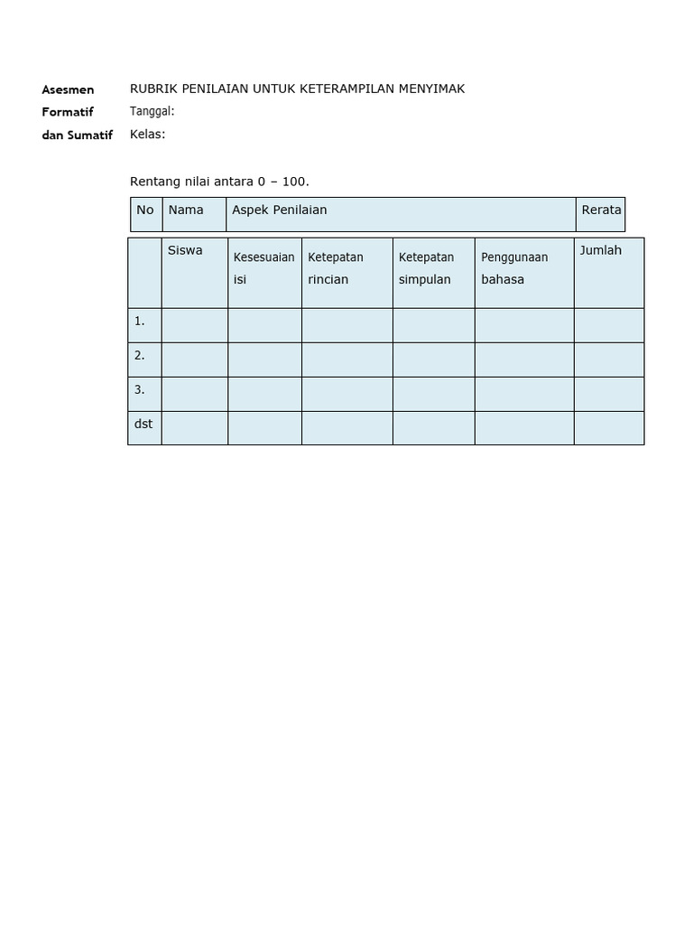 Rubrik Penilaian Untuk Keterampilan Menyimak - Teks Narasi | PDF