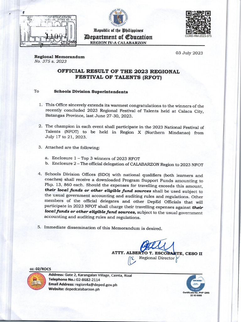 Regional Memorandum 2023 375 0001 | PDF