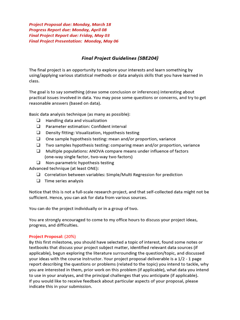 Final Project Guidelines-SBE204 - Spring 2024 | PDF | Statistical ...