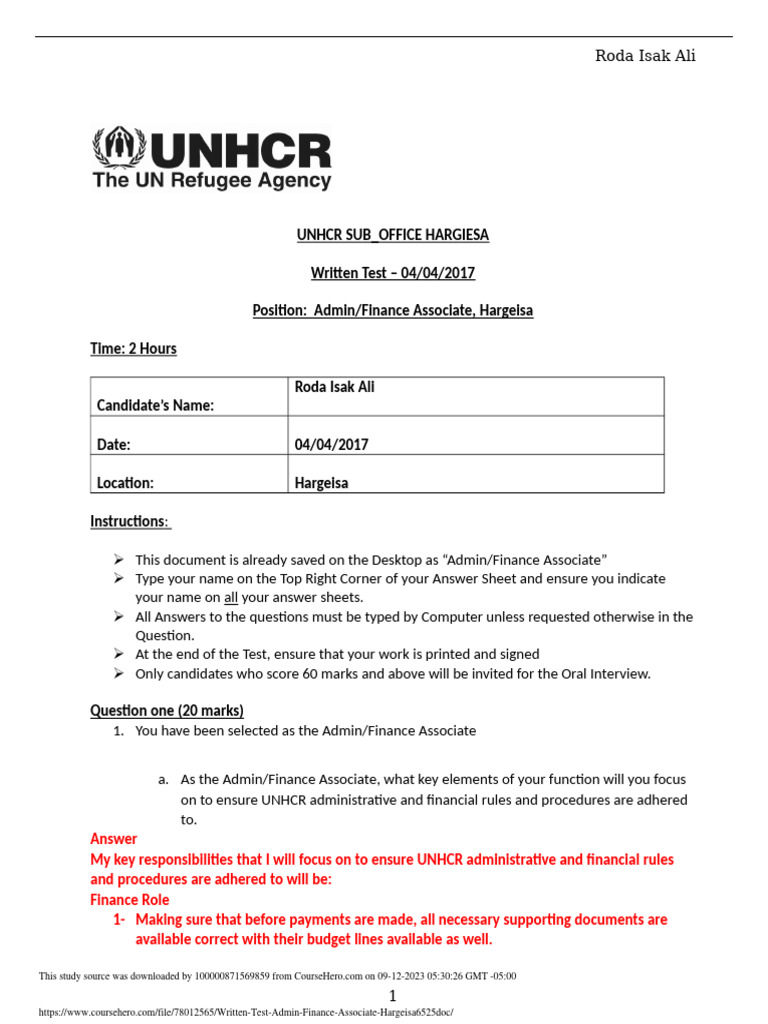 Written Test Admin Finance Associate Hargeisa 6525 | PDF | Procurement ...