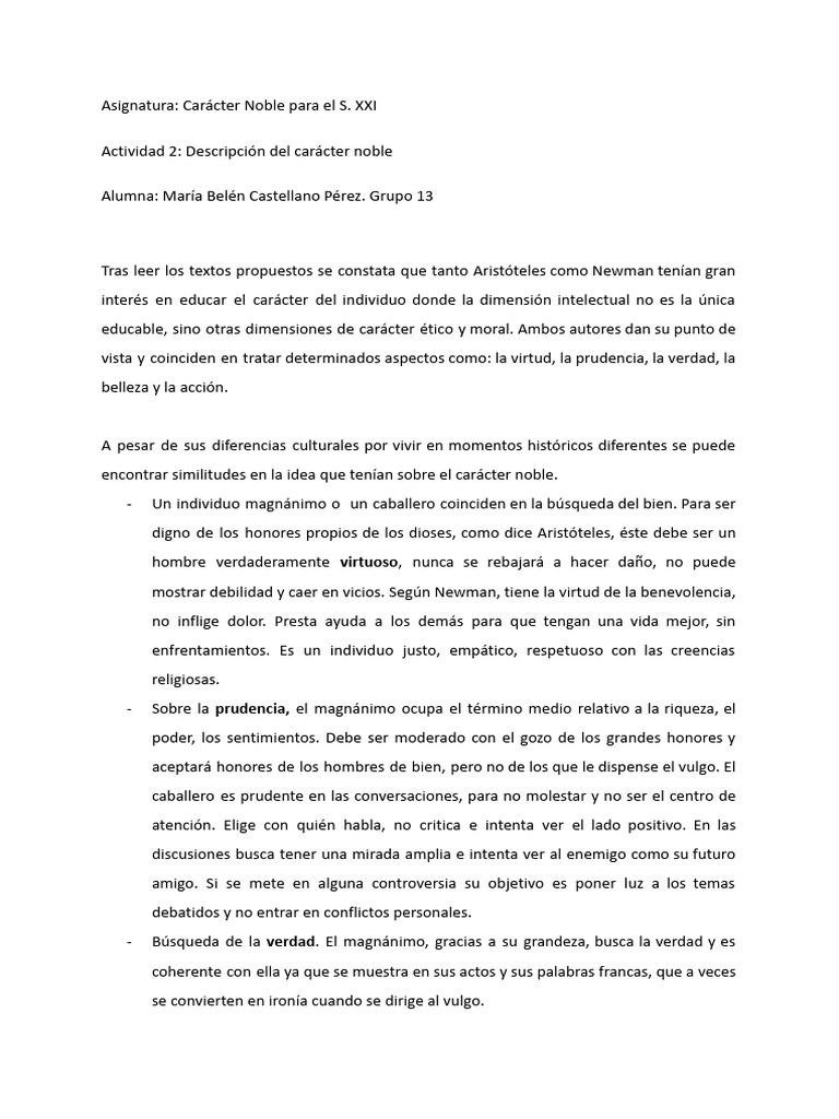 Carácter Noble. Aristóteles y Newman | PDF | Virtud | Verdad