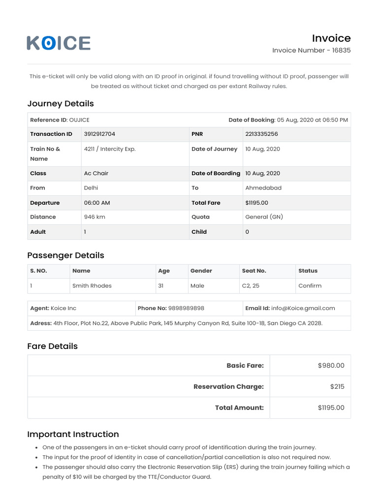 Train Booking Invoice - Koice | Download Free PDF | Land Transport ...