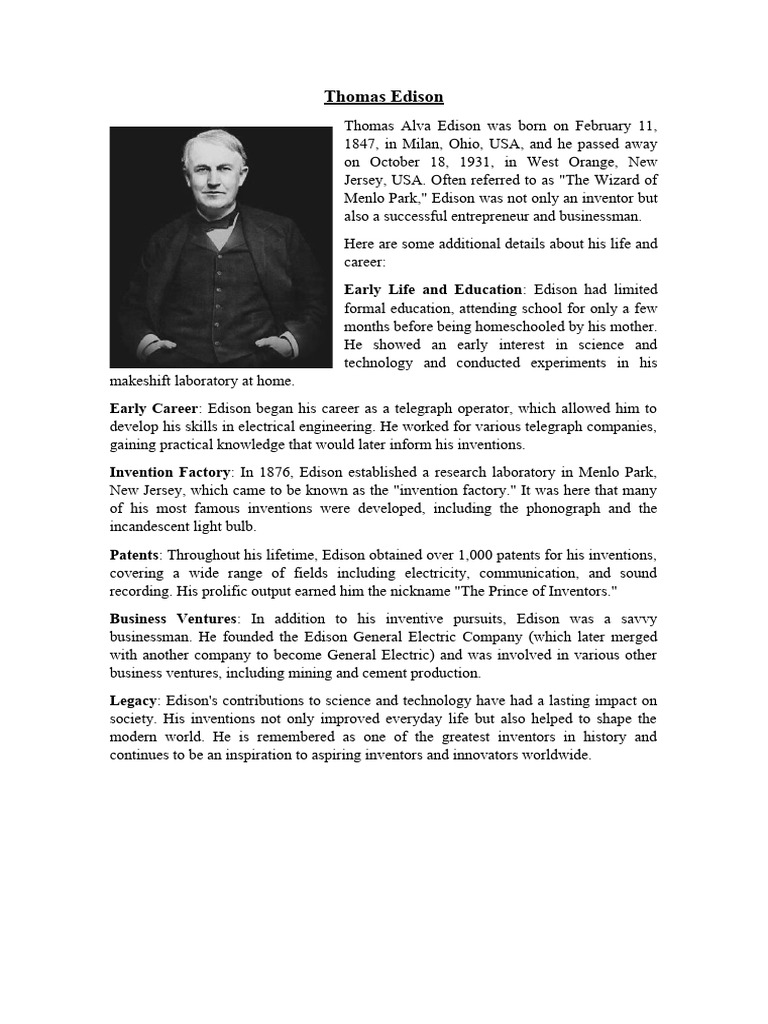 Thomas Edison | PDF | Thomas Edison | Incandescent Light Bulb
