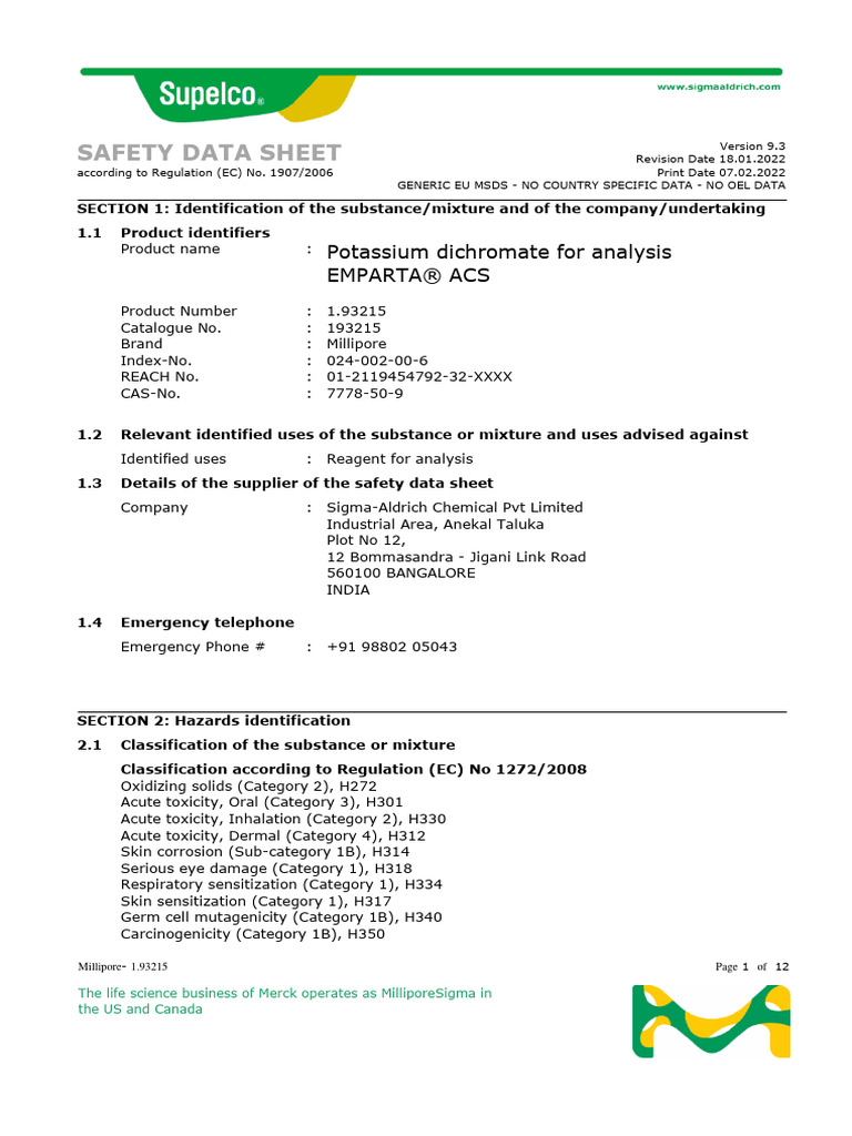 Safety Data Sheet: Potassium Dichromate For Analysis Emparta® Acs | PDF ...