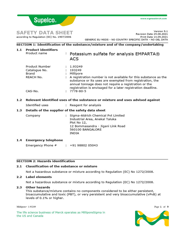 Safety Data Sheet: Potassium Sulfate For Analysis EMPARTA® ACS ...