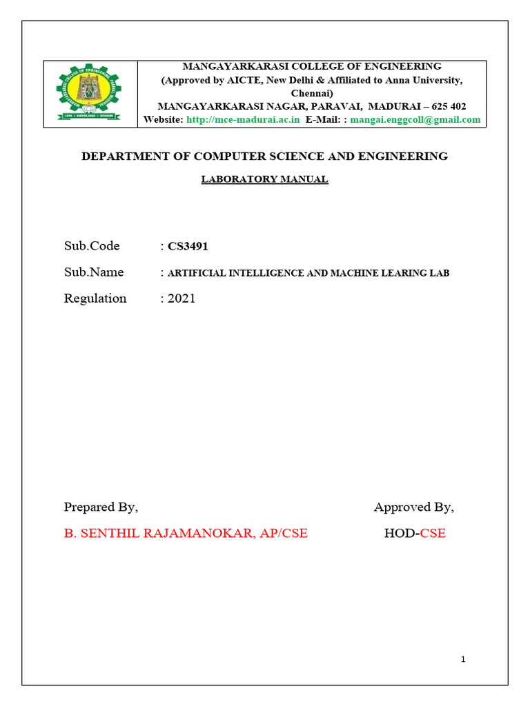 Ai And Ml Lab Manual Pdf Statistics Algorithms And Data Structures 