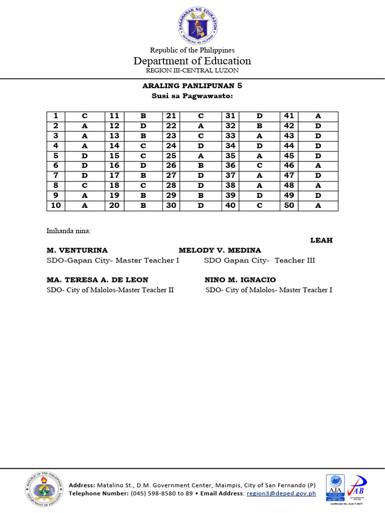 Grade5-Ap5-Answer Key | PDF
