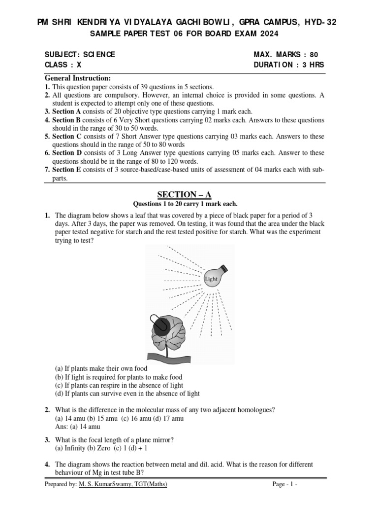 Science Class X Sample Paper Test 06 For Board Exam 2024 | PDF | Ph | Acid