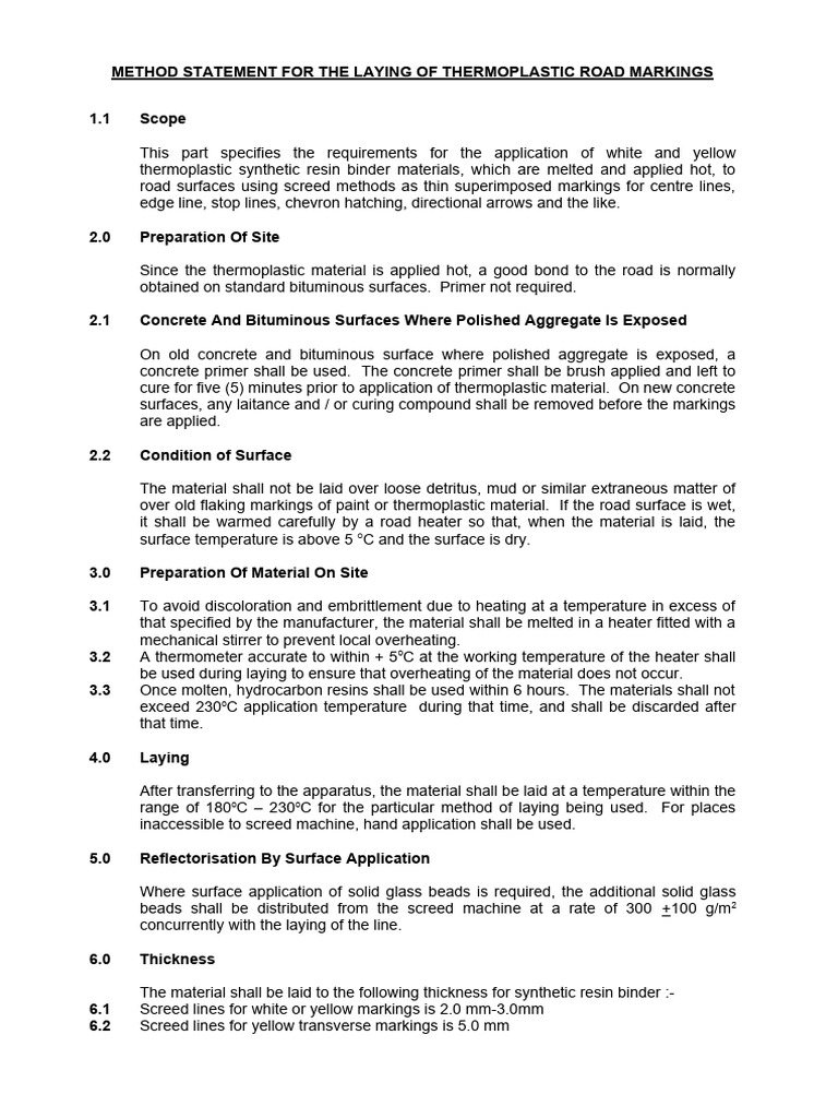 Thermoplastic Road Marking Method Statement | PDF | Concrete | Road Surface