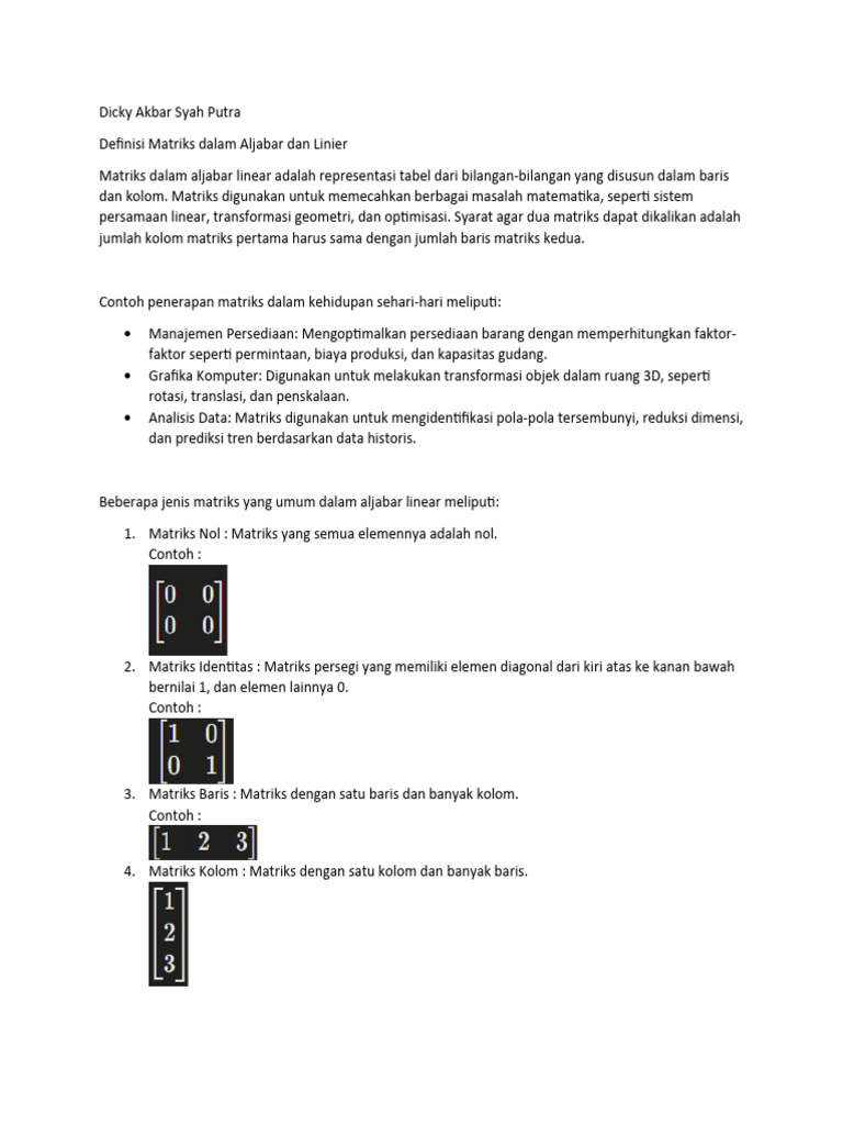 Definisi dan Penerapan Matriks Linear | PDF | Metode & Bahan Ajar