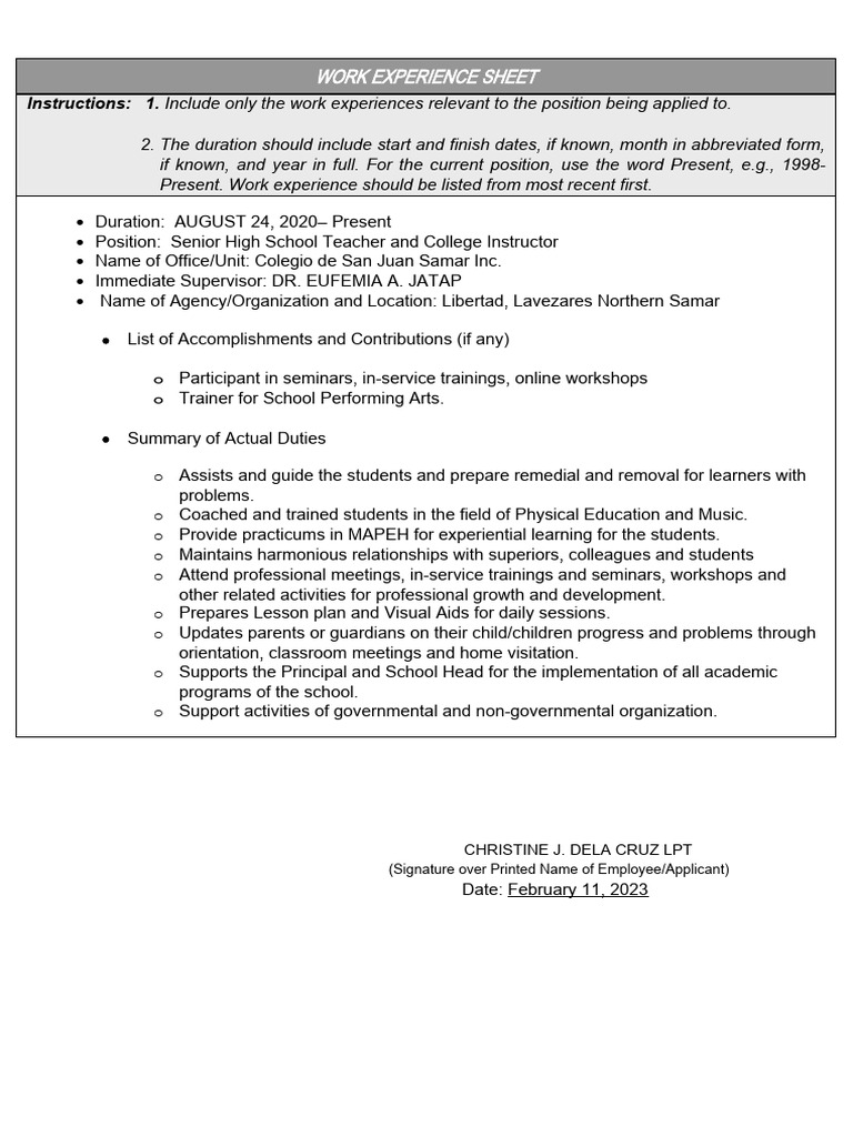 Work-Experience-Sheet - Tesda | PDF