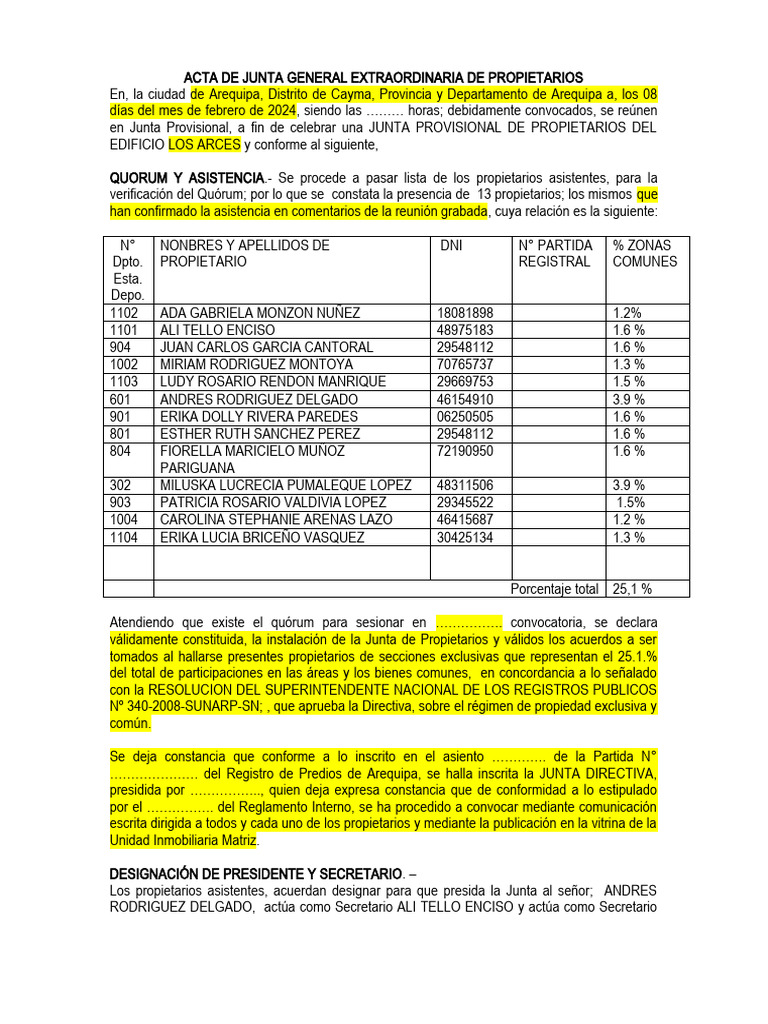 Eleccion de Directiva de Junta de Propietarios Modelo de Acta | PDF | Gobierno | Ley común