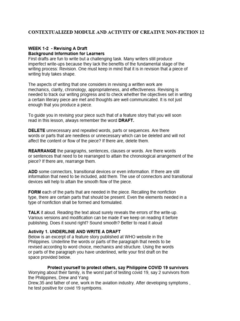 Contextualized Module and Activity of Creative Non-Fiction 4TH QRTR | PDF | Evaluation | Patient