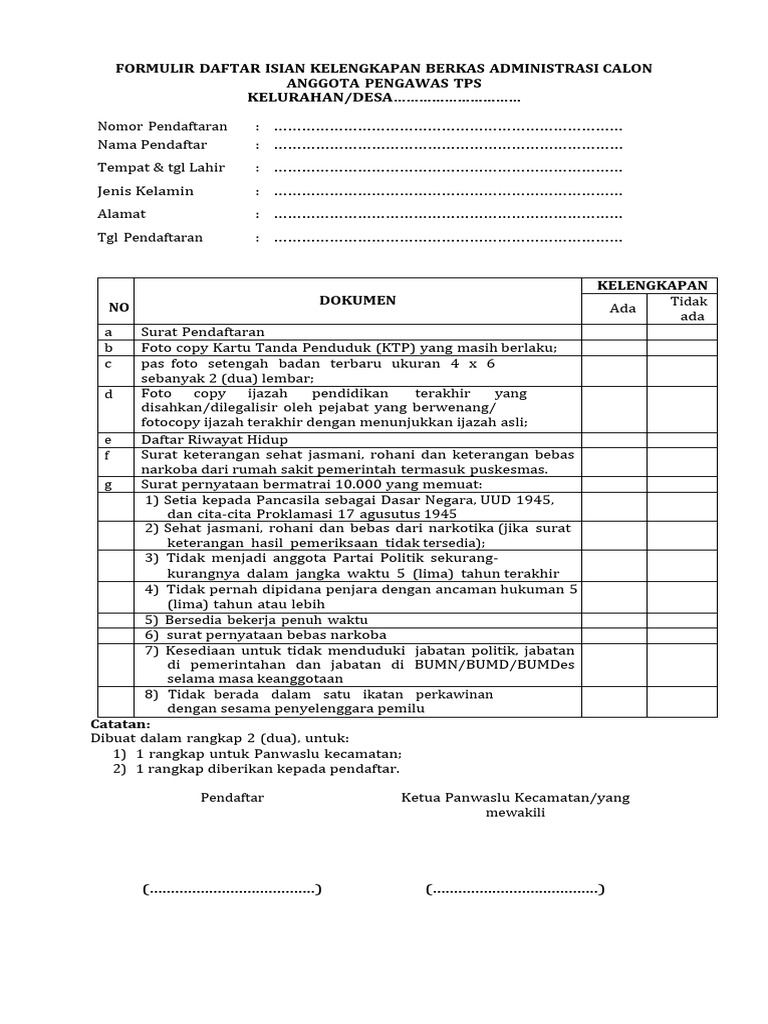 Check List Pendaftaran PTPS | PDF