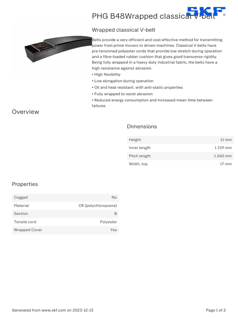 SKF PHG B48Wrapped Classical V-Belt Specification | PDF | License ...