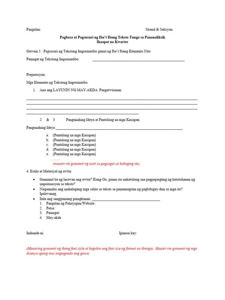Format Pagsusuri NG Tekstong Impormatibo | PDF